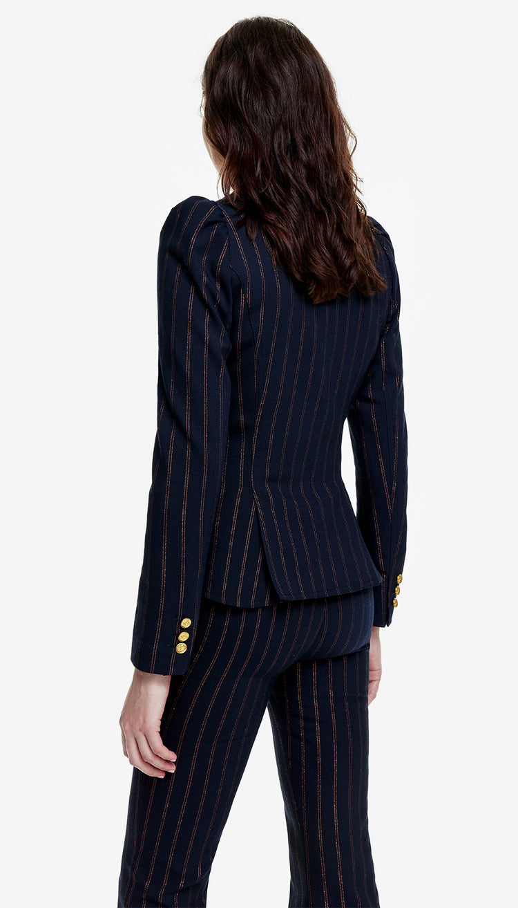 Pouf Sleeve One Button Blazer in Navy Copper Pinstripe | SMYTHE