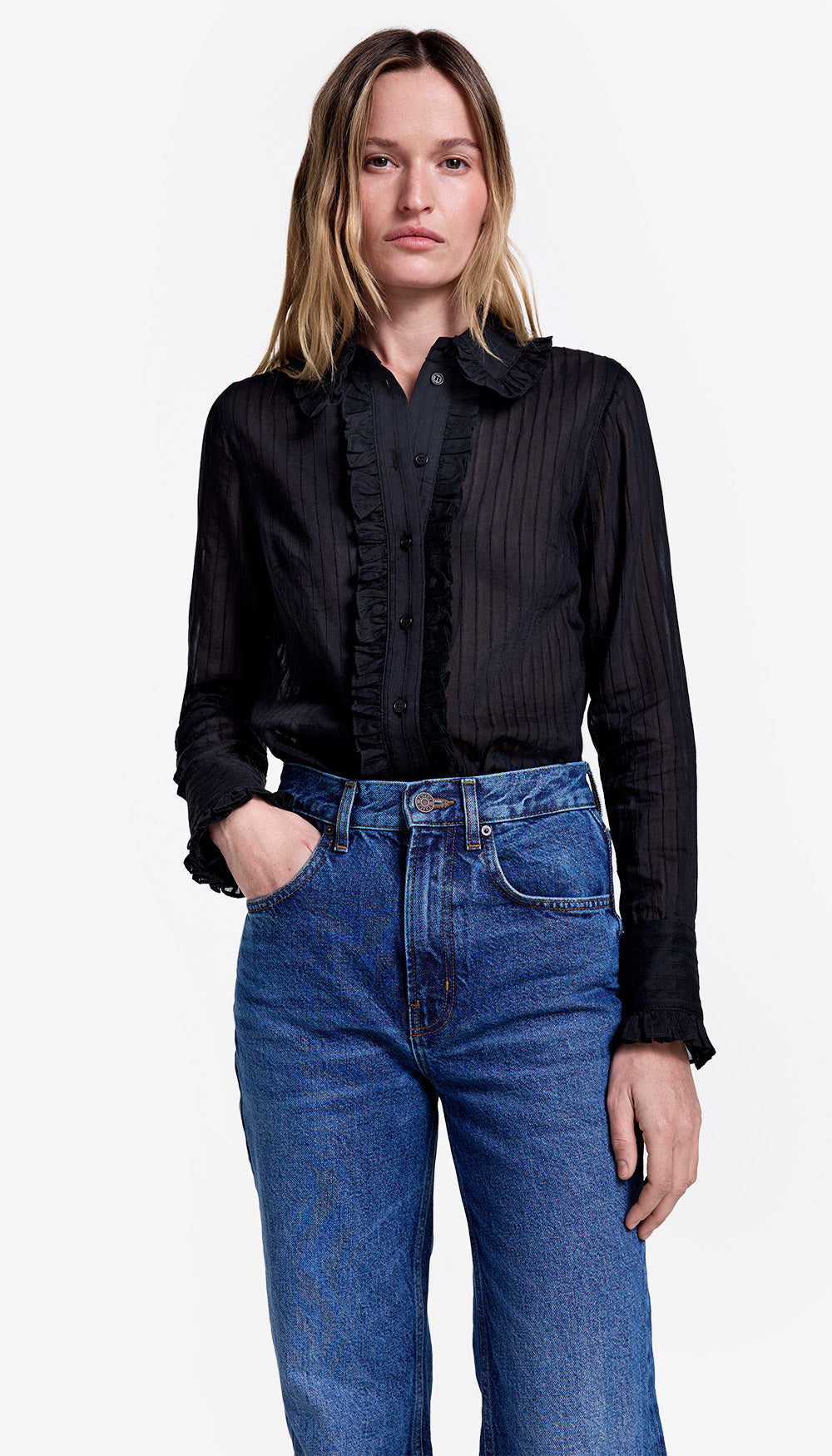 Ruffle Trim Shirt in Black | SMYTHE