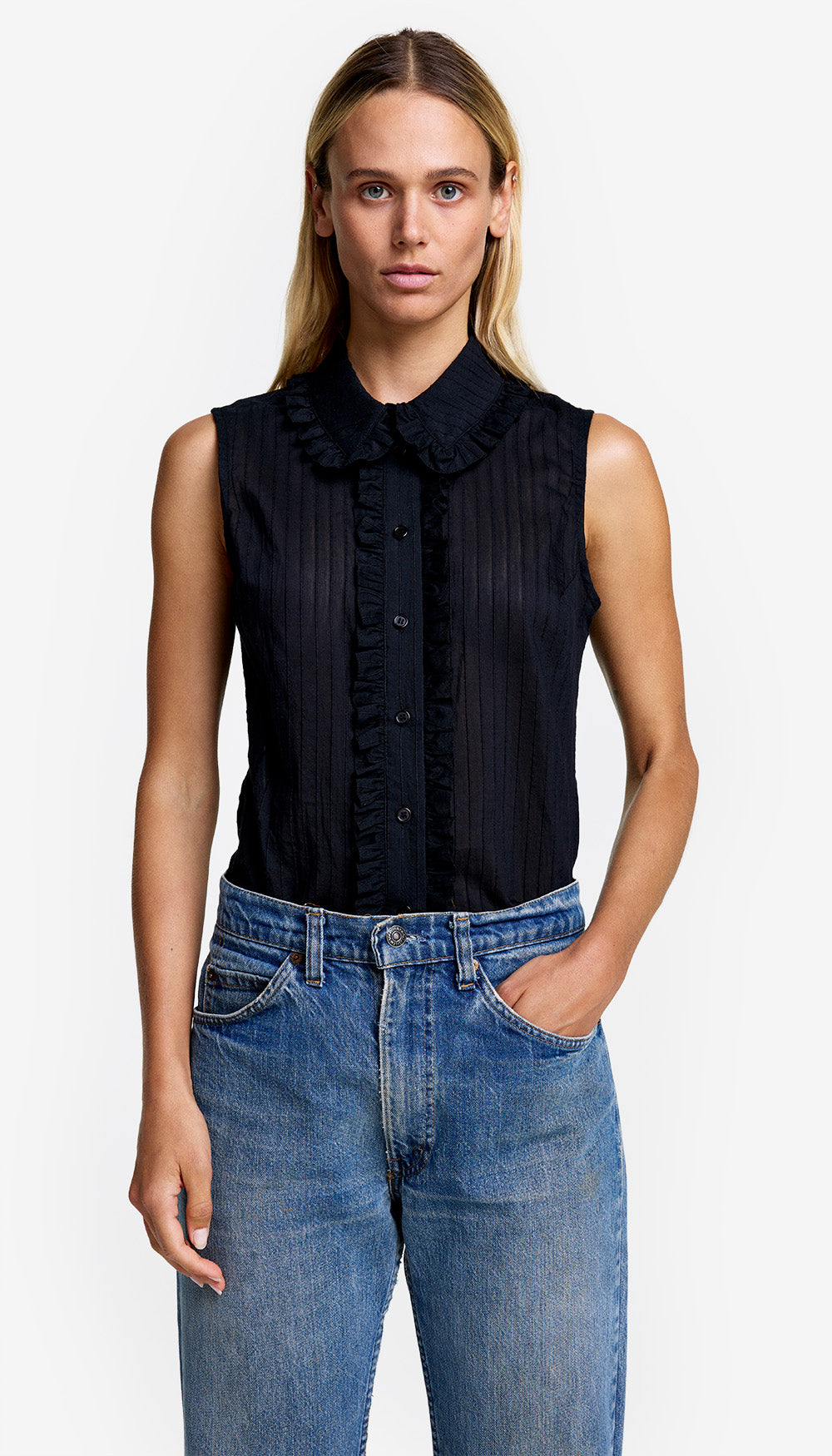 Sleeveless Ruffle Trim Shirt in Black | SMYTHE